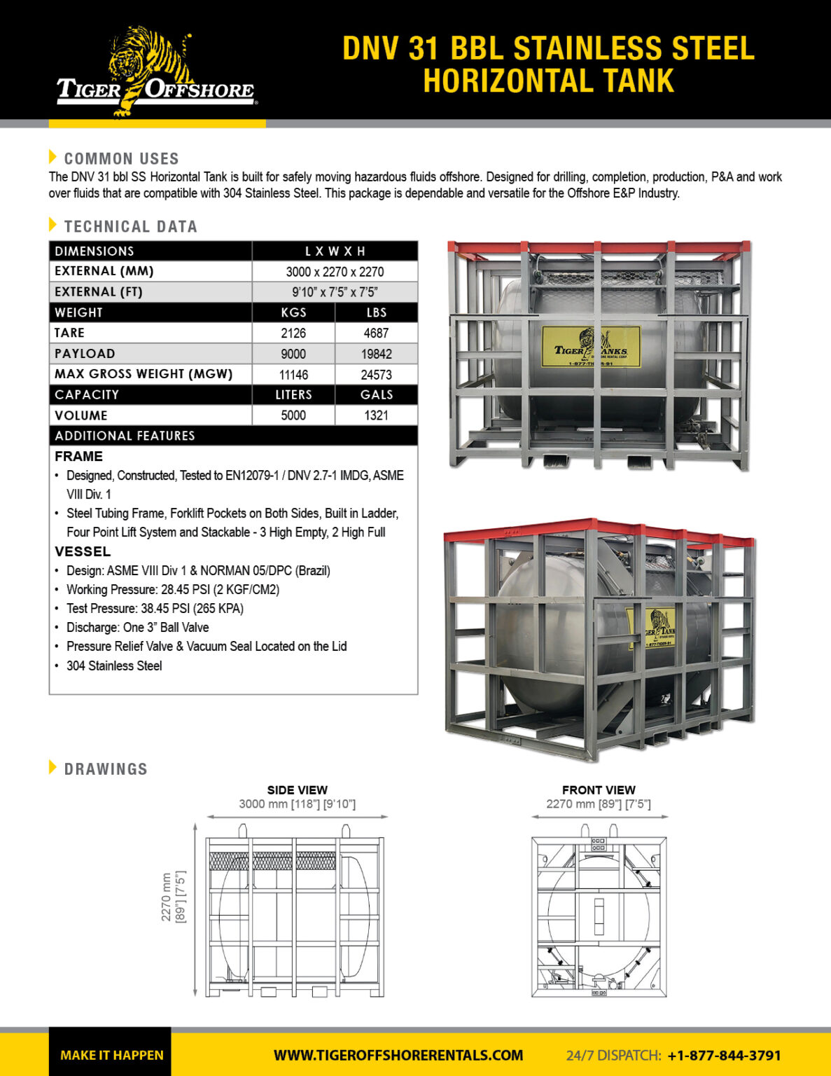 DNV 31 bbl Stainless Steel Horizontal Tank - Tiger Offshore Rentals